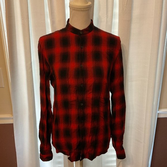 Zara | Shirts | Zara Man Shirt M Red Black Plaid Collarless Button ...